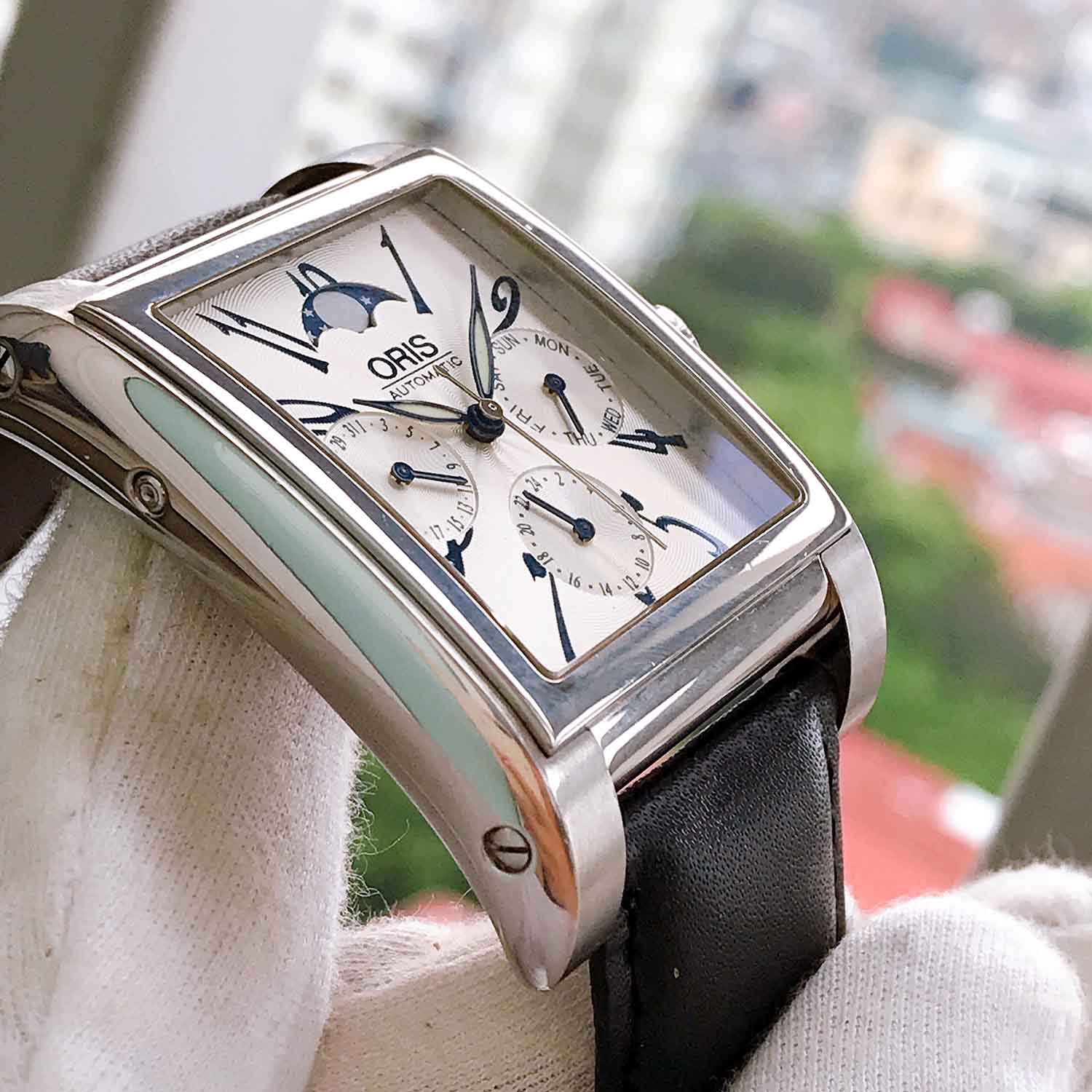 Oris Rectangular Complication GMT Moonphase 7528 dây da used